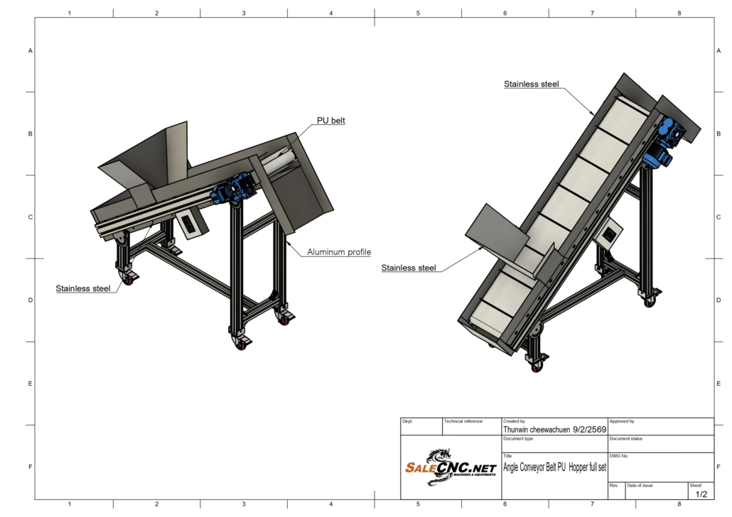 Angle Conveyor Belt PU 300x1600x1417mm with Hopper full set